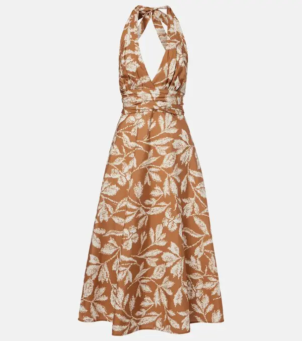 Max Mara Halterneck Printed Cotton Midi Dress - Beige