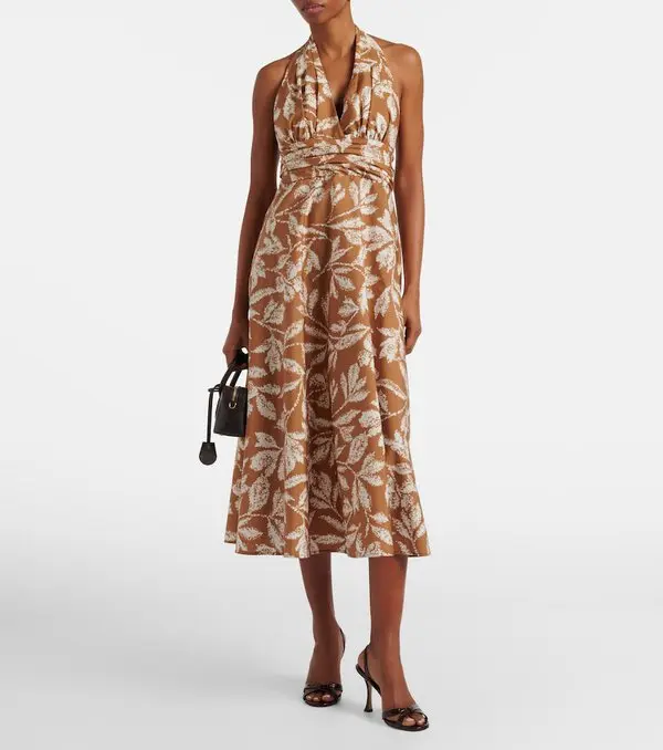 Max Mara Halterneck Printed Cotton Midi Dress - Beige