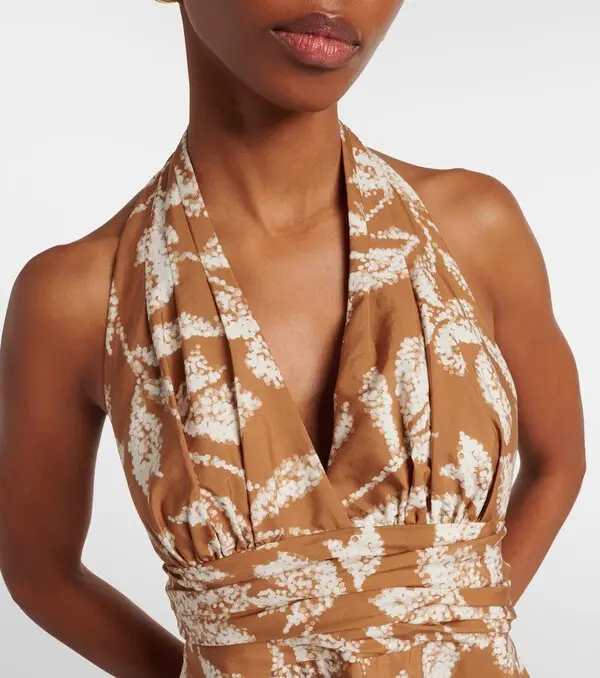Max Mara Halterneck Printed Cotton Midi Dress - Beige