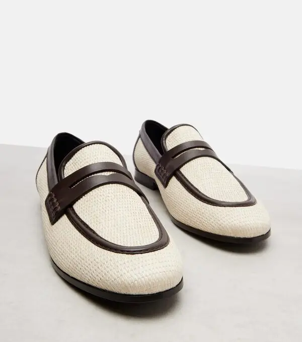 Brunello Cucinelli Woven Leather-trimmed Penny Loafers - Beige
