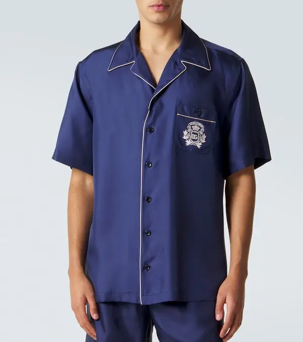 Dolce & Gabbana Logo Silk Satin Bowling Shirt - Blue