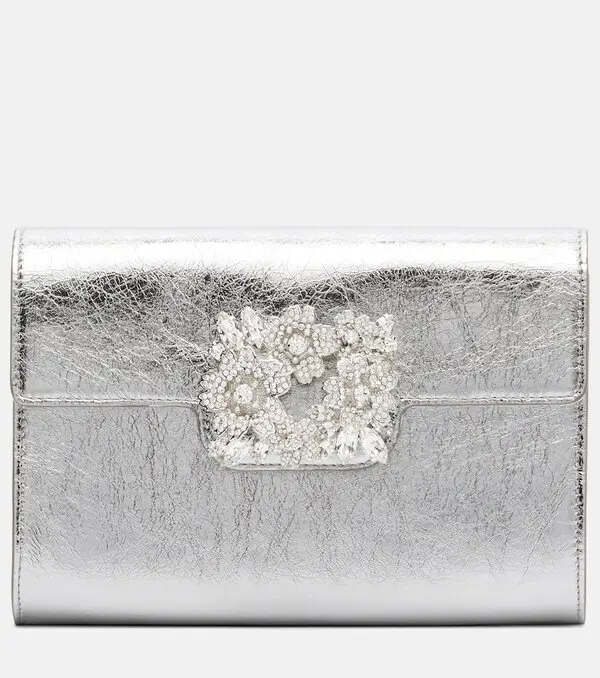 ROGER VIVIER Efflorescence Mini Metallic Leather Clutch - Silver