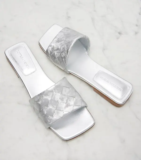 Bottega Veneta Parco Intrecciato Leather Mules - Silver