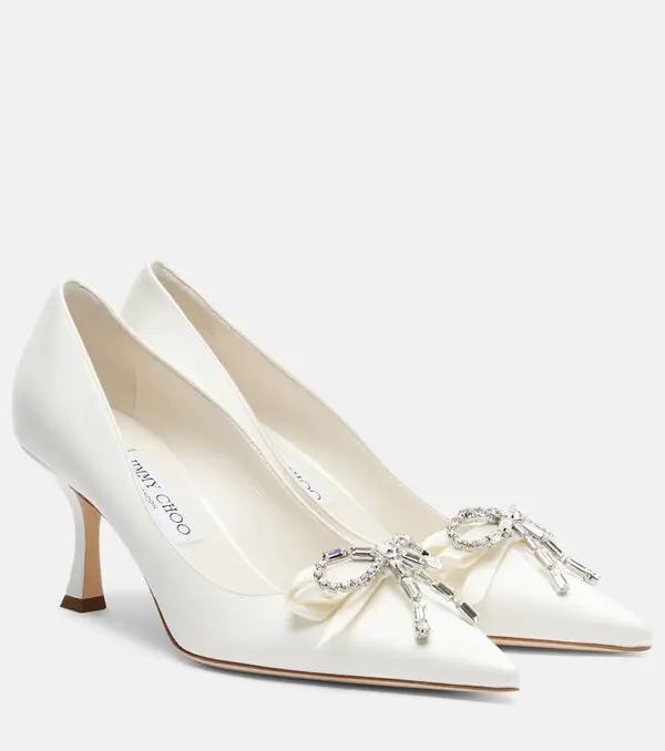 JIMMY CHOO Auria 70 Embellished Satin Pumps - White