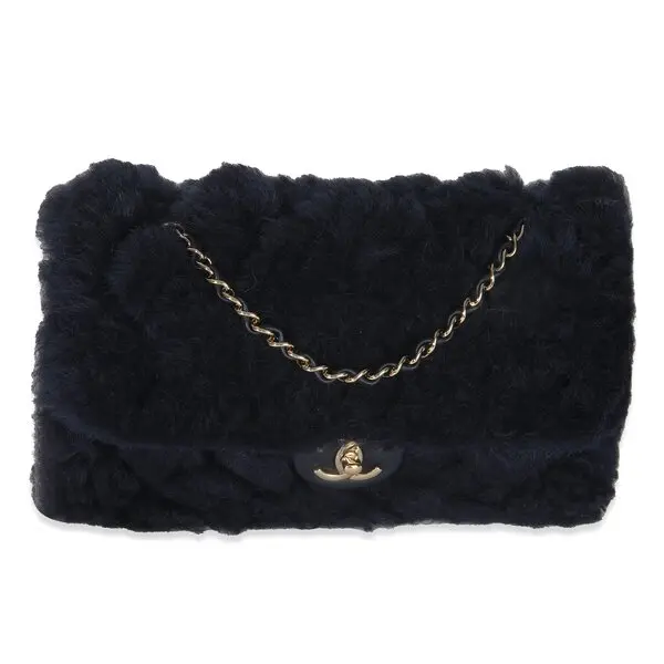 Chanel Navy Shearling Quilted Lambskin Flap Bag - Blue