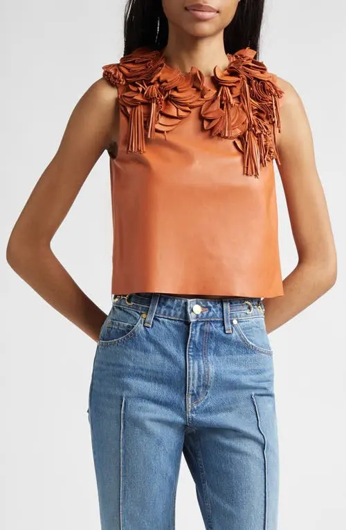 Ulla Johnson Marlowe Floral Appliqué Leather Top - Sienna