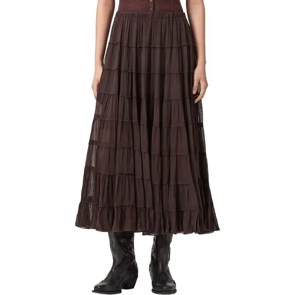 ALLSAINTS Eva Tiered Midi Skirt - Bottle Brown