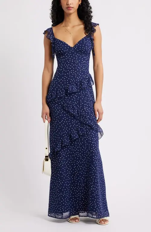 Bp. Asymmetric Ruffle Tiered Maxi Dress - Navy- White Myla Dot