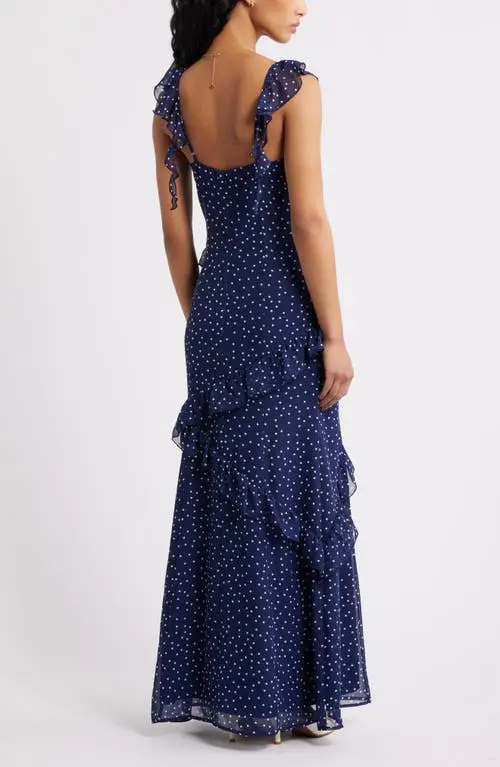 Bp. Asymmetric Ruffle Tiered Maxi Dress - Navy- White Myla Dot