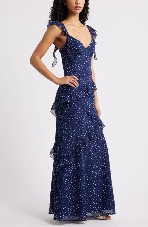 Bp. Asymmetric Ruffle Tiered Maxi Dress - Navy- White Myla Dot