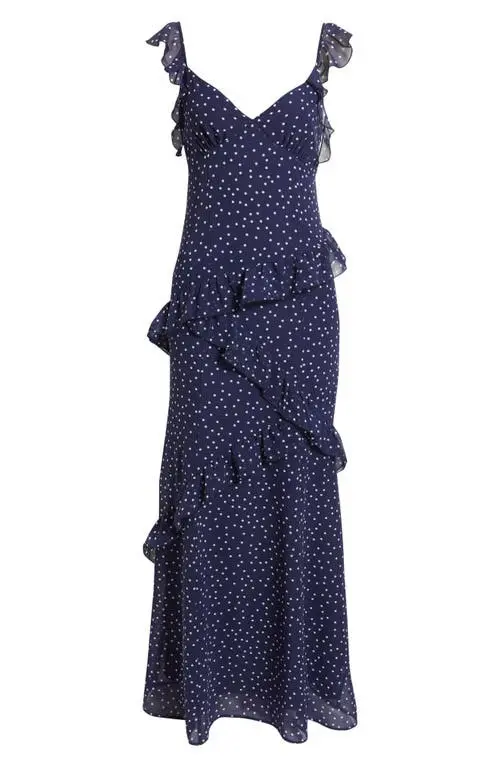 Bp. Asymmetric Ruffle Tiered Maxi Dress - Navy- White Myla Dot
