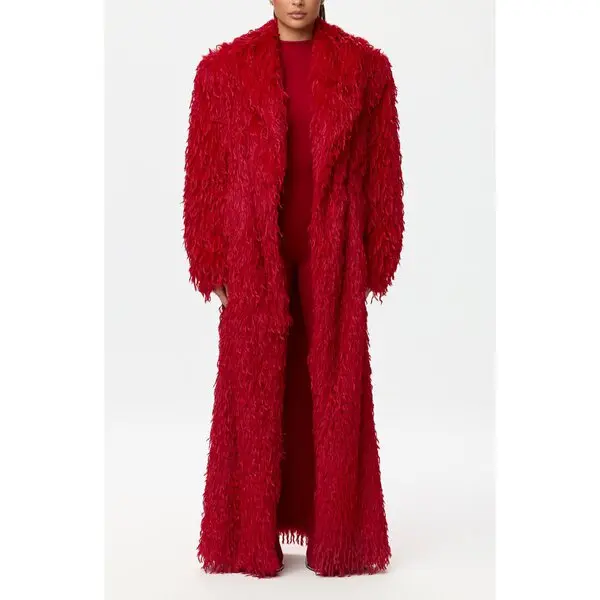 Naked Wardrobe Long Faux Feather Coat - Ruby Red