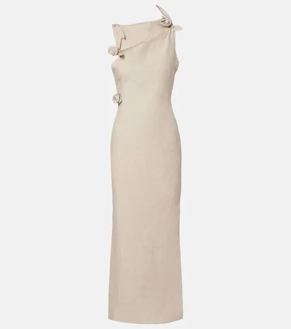 Coperni Floral-applique Asymmetric Linen Maxi Dress