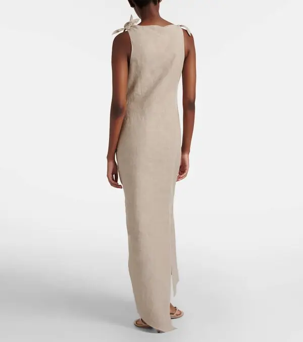 Coperni Floral-applique Asymmetric Linen Maxi Dress