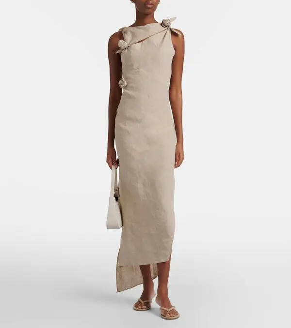 Coperni Floral-applique Asymmetric Linen Maxi Dress