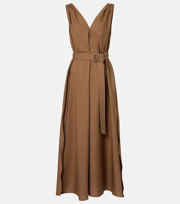 Brunello Cucinelli Belted Cotton-blend Midi Dress - Beige
