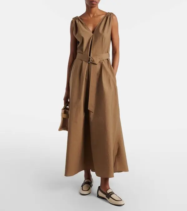 Brunello Cucinelli Belted Cotton-blend Midi Dress - Beige