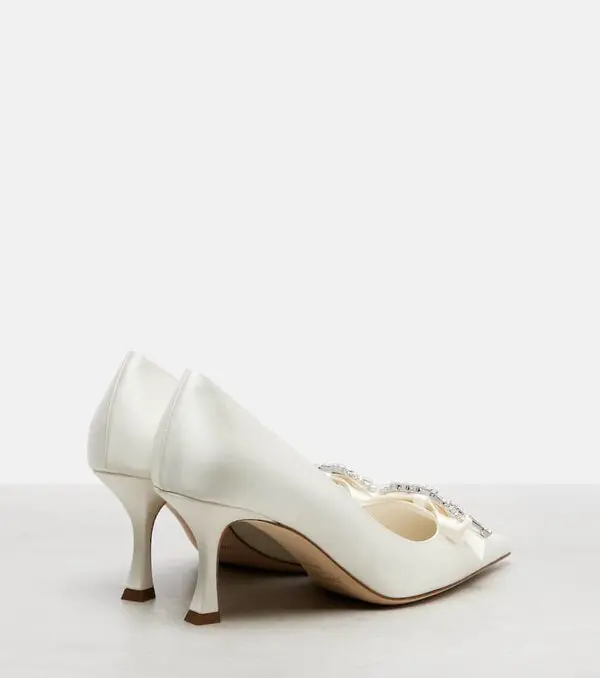 JIMMY CHOO Embellished Satin Pointed Toe Pumps - White