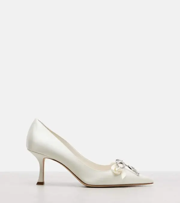 JIMMY CHOO Embellished Satin Pointed Toe Pumps - White