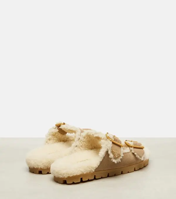 Prada Shearling-lined Suede Sandals - Beige