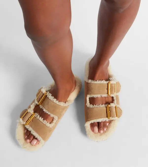 Prada Shearling-lined Suede Sandals - Beige