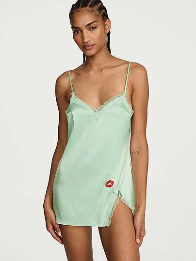 Victoria's Secret Satin Lace-trim Mini Slip Dress - Green