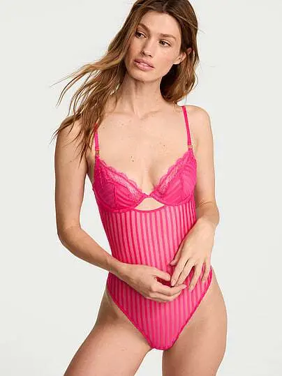 Victoria's Secret Sheer Stripe Lace-trim Cupped Bodysuit