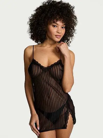 Victoria's Secret Sheer Stripe Lace-trim Mini Slip Dress - Black