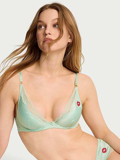 Victoria's Secret Tease Lightly Lined Sexy Strappy Lace Plunge Bra - Green