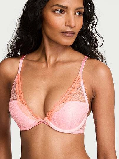 Victoria's Secret Tease Lightly Lined Sexy Strappy Lace Plunge Bra - Pink