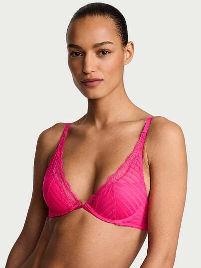 Victoria's Secret Tease Lightly Lined Sexy Strappy Lace Plunge Bra - Pink