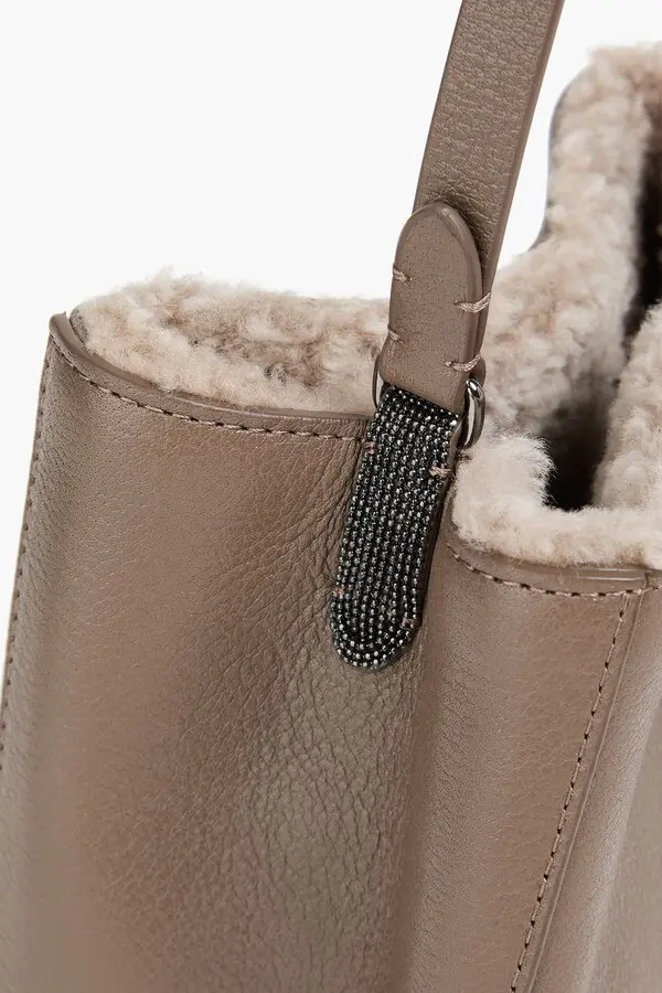 Brunello Cucinelli Shearling Bucket Bag With Bead Embellishments