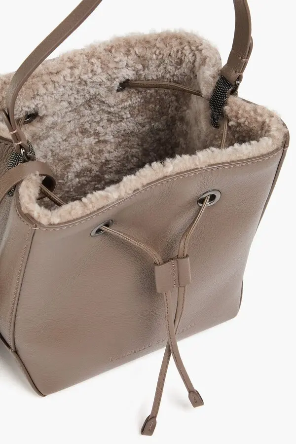 Brunello Cucinelli Shearling Bucket Bag With Bead Embellishments