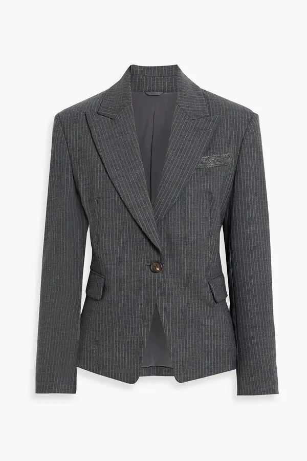 Brunello Cucinelli Embellished Pinstriped Wool-blend Blazer