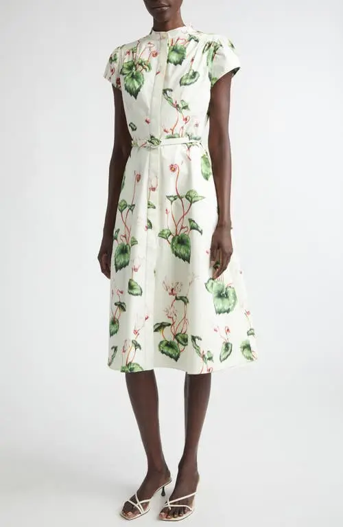Oscar De La Renta Chiné Cyclamen Cap Sleeve Poplin Dress - White/ivory