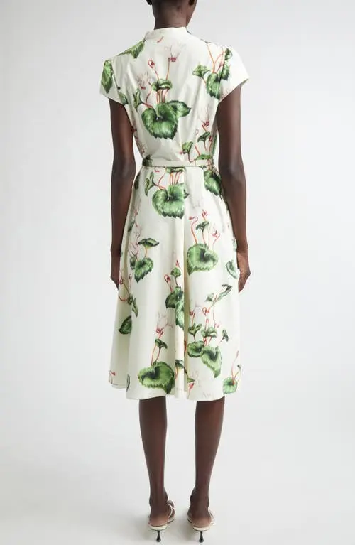 Oscar De La Renta Chiné Cyclamen Cap Sleeve Poplin Dress - White/ivory
