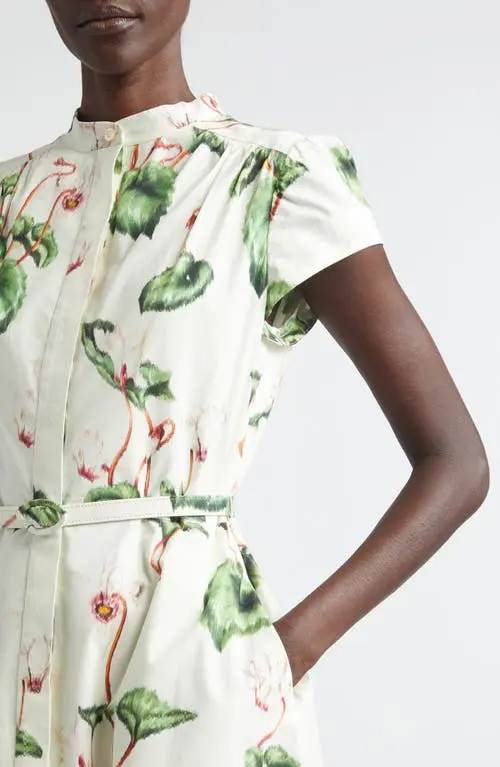 Oscar De La Renta Chiné Cyclamen Cap Sleeve Poplin Dress - White/ivory