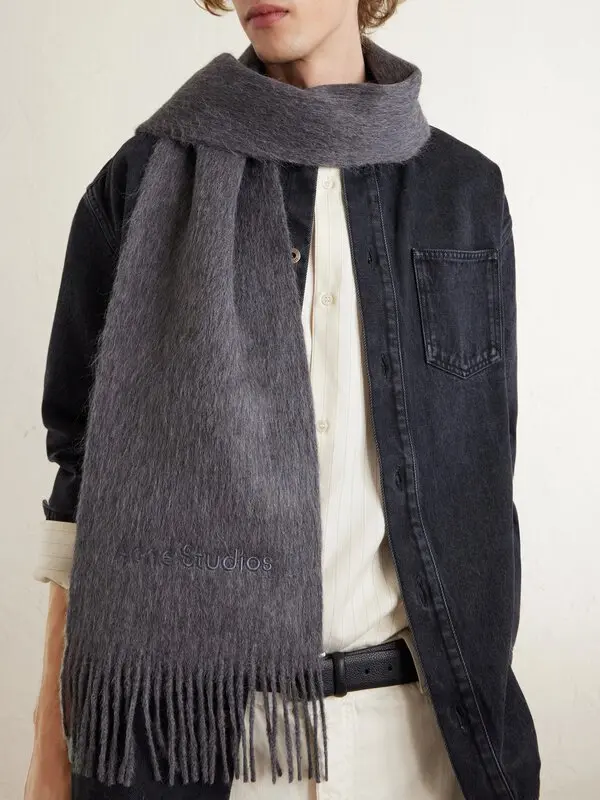 Acne Studios Vinnie Fringed Logo-embroidered Alpaca And Wool-blend Scarf - Gray