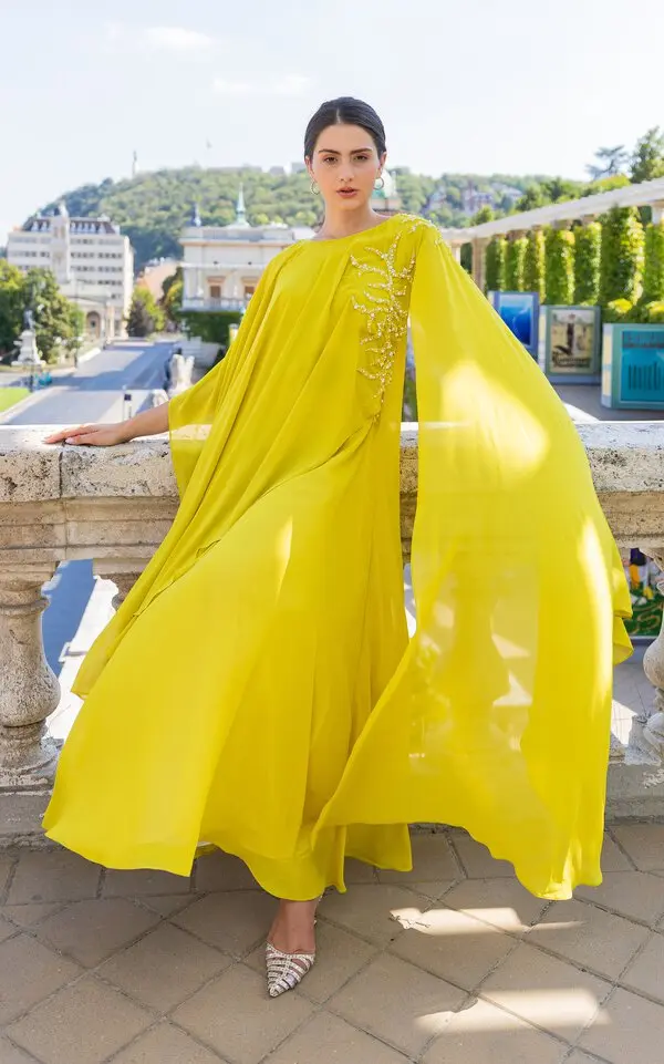 LA PLAIN Mossglow Embellished Chiffon Caftan - Yellow