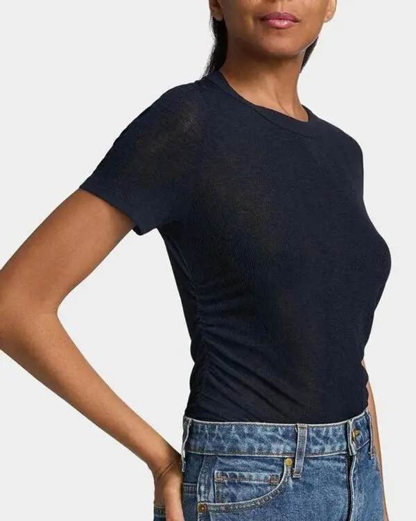 Veronica Beard Ruched Crewneck Tee - Navy