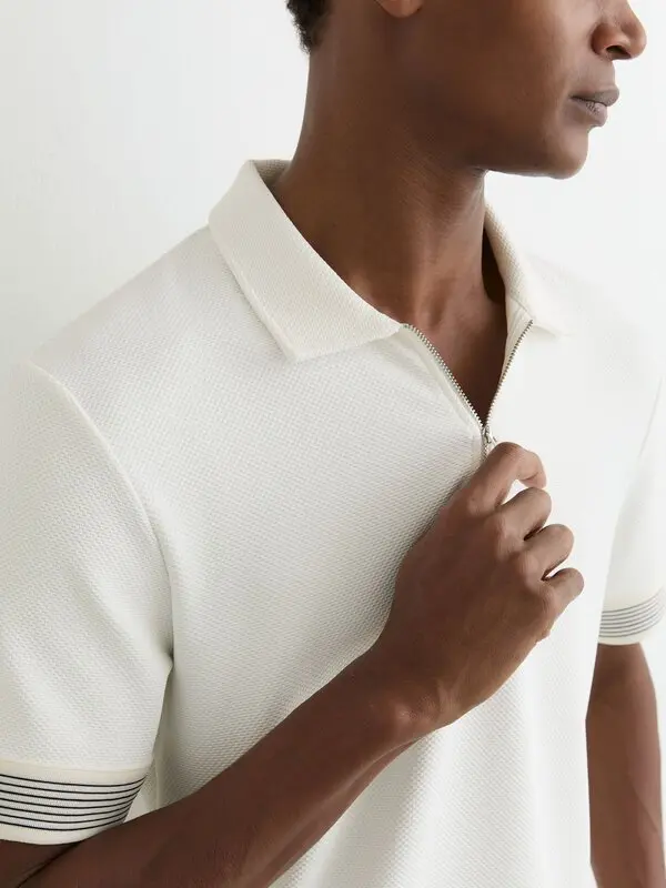 REISS Sleeve-trim Half-zip Polo Shirt - White