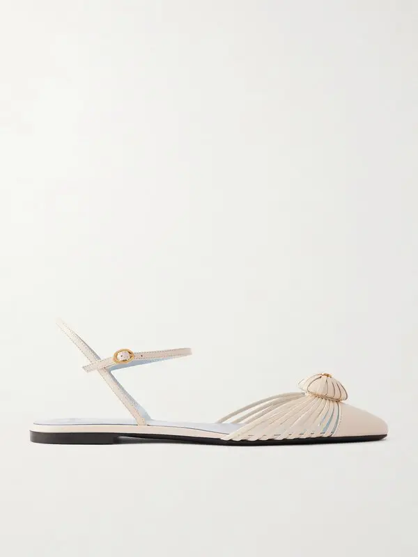 Valentino Garavani Royal Vlogo-appliquéd Leather Slingback Flats - Off-white