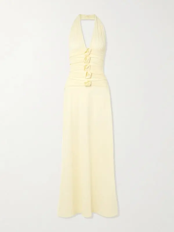 MAYGEL CORONEL Villadiego Appliquéd Stretch-jersey Halterneck Maxi Dress - Neutrals