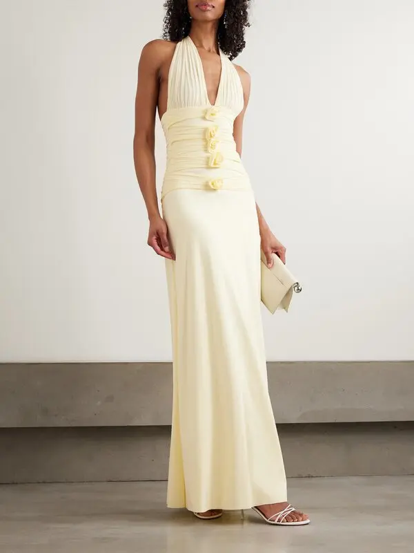 MAYGEL CORONEL Villadiego Appliquéd Stretch-jersey Halterneck Maxi Dress - Neutrals