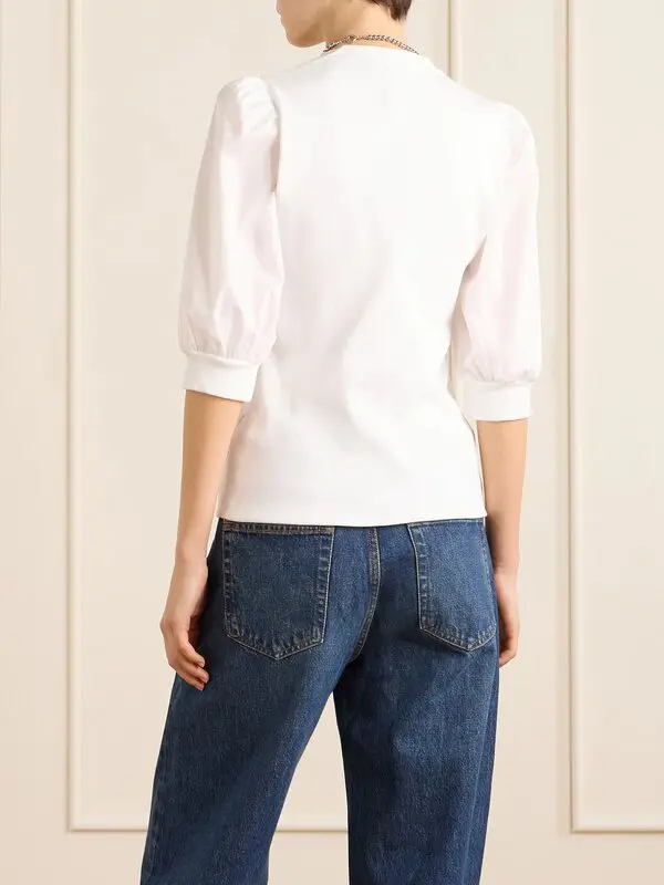 Veronica Beard Coralee Poplin And Ribbed Stretch-pima Cotton-jersey Top - White