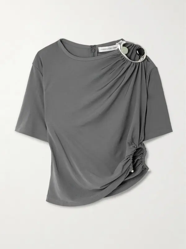 Christopher Esber Orica Cropped Asymmetric Embellished T-shirt - Gray