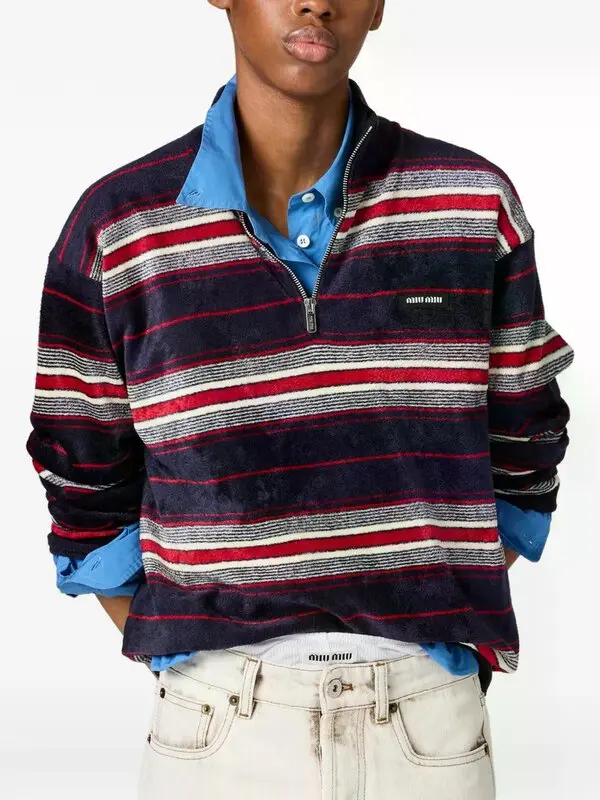 Miu Miu Striped Half-zipper Chenille Sweater - Blue