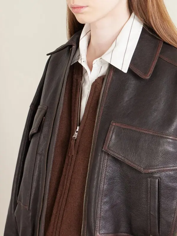 Staud Eugene Oversized Textured-leather Bomber Jacket - Brown