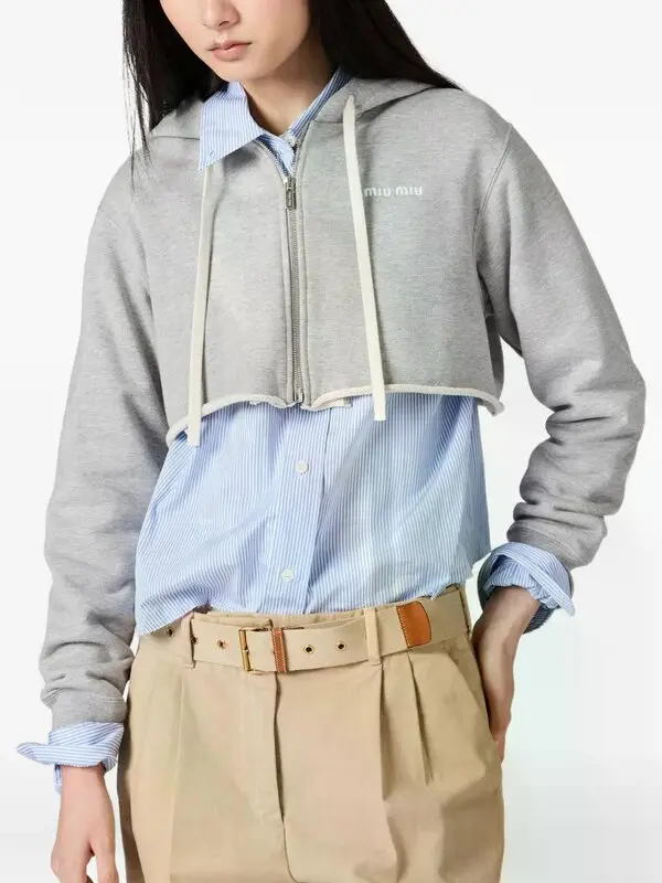 Miu Miu Cropped Raw-edge Zip-up Hoodie