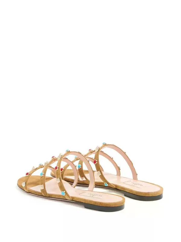 Valentino Garavani Rockstud Slide Sandals In Split Leather With Cabochon Stones - Brown